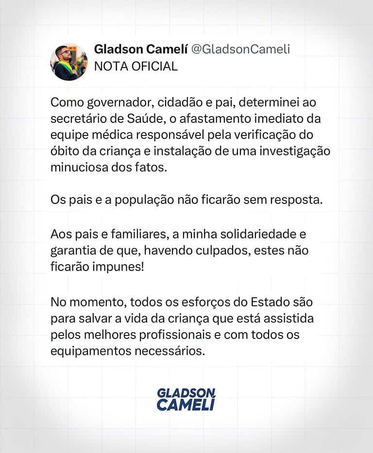 Governador Gladson Cameli afasta equipe médica após bebê declarado ...